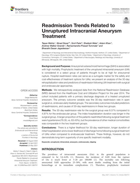Pdf Readmission Trends Related To Unruptured Intracranial Aneurysm Treatment