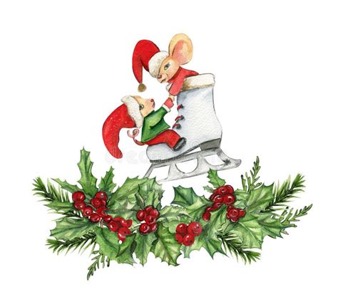 Watercolor Christmas Mice In Cartoon Style Composition Watercolor