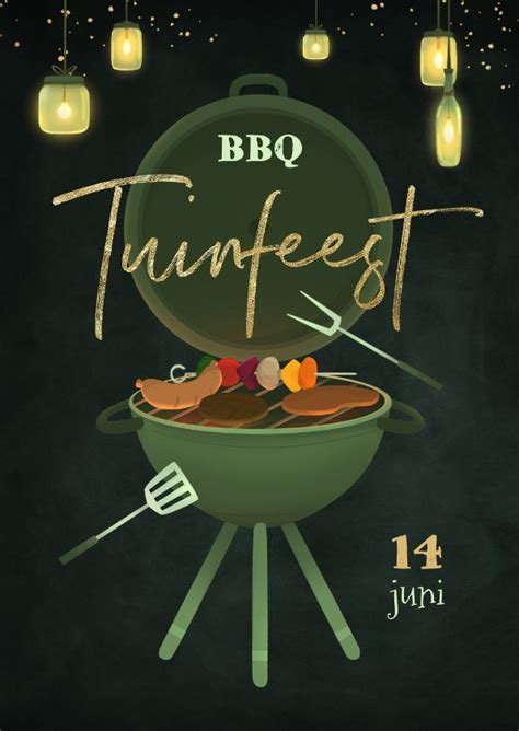 Uitnodiging Tuinfeest BBQ Lampjes Krijtbord Kaartje2go
