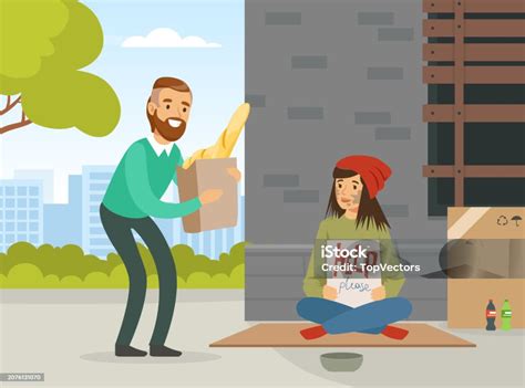 노숙자 여자 에서 누더기 길가에 앉아 도움을 요청 와 친절한 남자 그녀에게 음식을 주는 것 벡터 일러스트 거리에 대한 스톡 벡터 아트 및 기타 이미지 Istock