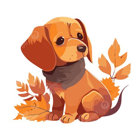 가을 개 벡터 스카프를 두른 스티커 클립 아트 개는 흰색 배경 만화에 격리된 잎에 앉아 있습니다 상표 클립 아트 Png 일러스트 및 벡터 에 대한 무료 다운로드