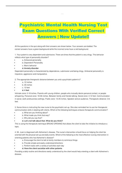 Psychiatric Mental Health Nursing Test Exam Questions With Verified Correct Answers New Update