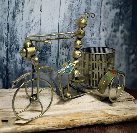 Golden Handmade Metal Caterpillar Bike Pen Holder Showpiece For Home