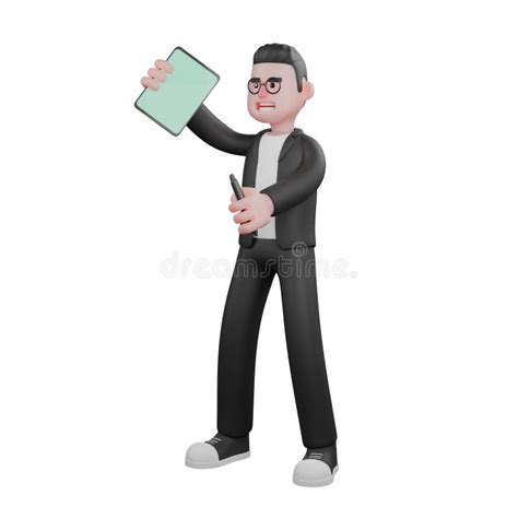 A Male Editor Stands With His Left Hand Holding A Tablet While His