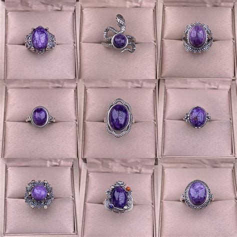 100 Natural Charoite Stone Oval Gemstone Retro Ring For Women Men