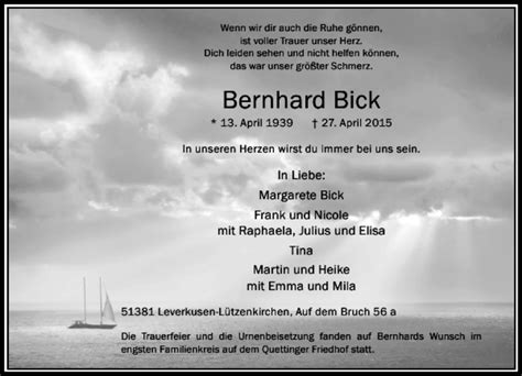 Alle Traueranzeigen für Bick Bernhard trauer rp online de