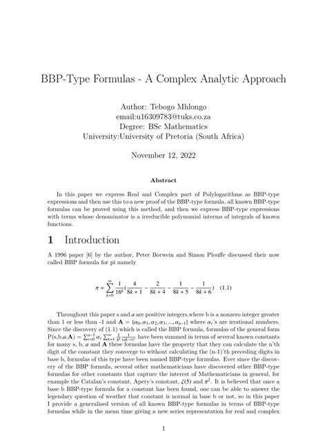 Pdf Bbp Type Formulas A Complex Analytic Approach