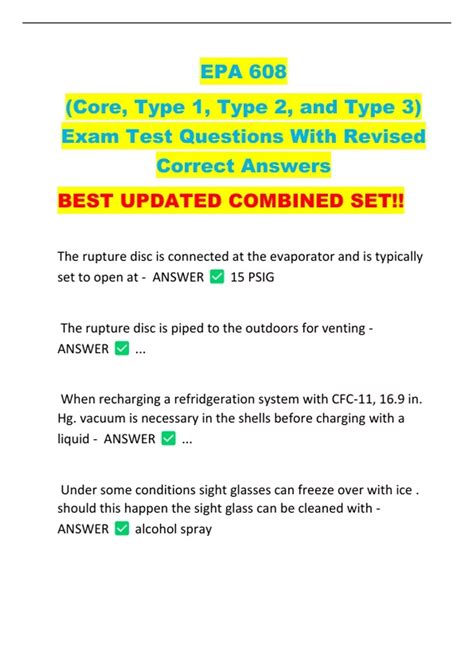 Epa 608 Core Type 1 Type 2 And Type 3 Exam Test Questions With Revised Correct Answers Best
