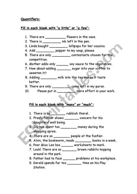 Quantifiers Intermediate Worksheet