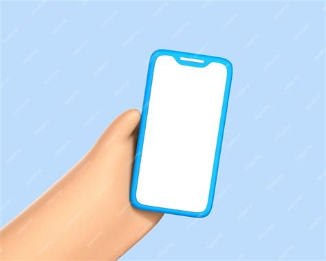 3d мультяшный смартфон с пустым экраном на синем фоне человеческая рука