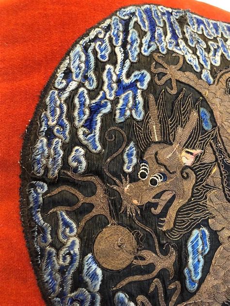 Antique Chinese Dragon Roundel Rank Badge Embroidered Textile Tapestry