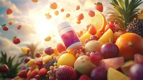 Colorful Assortment Of Fresh Fruits Surrounding A Dietary Supplement Bottle In A Sunny Tropical