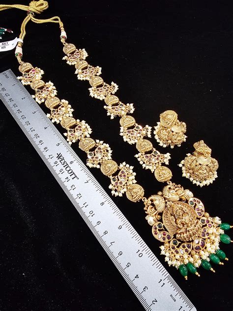 Antique Long Temple Haram With Green Beads Indian Jewelry Traditional
