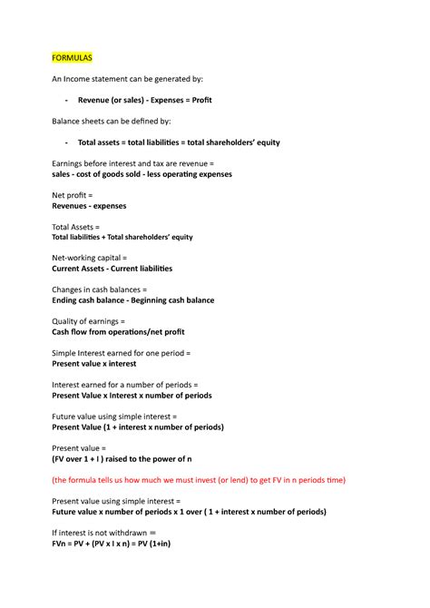 Financing Enterprise Notes 2019 Sem2 Formulas An Income Statement Can Be Generated By