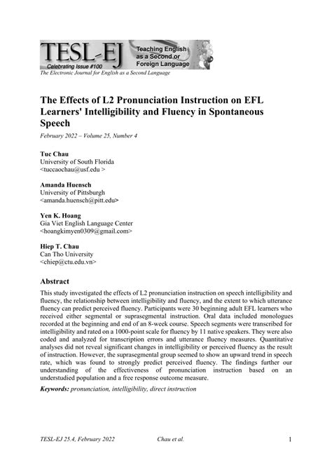Pdf The Effects Of L2 Pronunciation Instruction On Efl Learners Intelligibility And Fluency