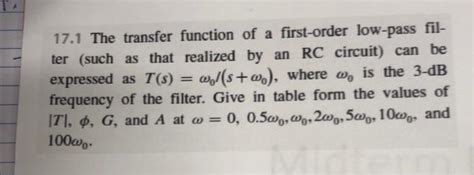 Solved 171 The Transfer Function Of A First Order Low Pass
