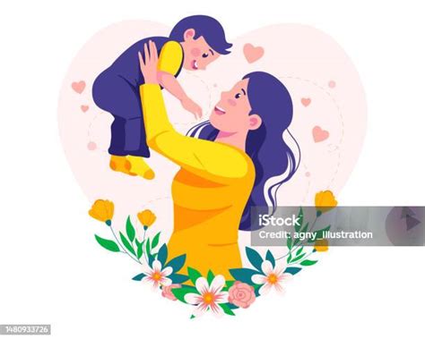 아기와 놀고 있는 행복한 젊은 어머니 엄마는 아기 아들을 들어 올리고 있습니다 어머니의 날 일러스트 가족에 대한 스톡 벡터 아트