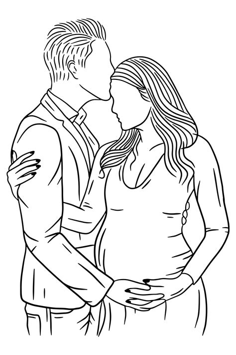 Happy Couple Maternity Pose Husband And Wife Pregnant Line Art
