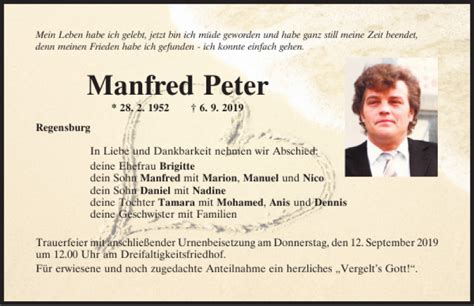 Traueranzeigen Von Manfred Peter Mittelbayerische Trauer