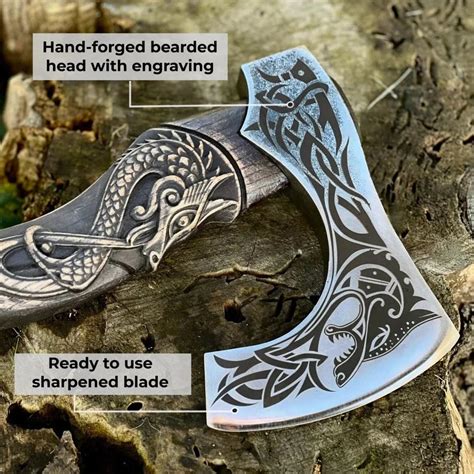 Bearded Viking Fenrir Axe With Carved Handle Norse Spirit