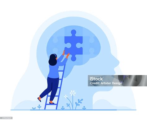 뇌 실루엣에 퍼즐 조각을 놓는 여자 정신 건강 치료 심리 치료 심리학 정신과 신경학 기억 개념 흰색 배경에 고립 된 평면 벡터 그림 Mental Wellbeing에 대한