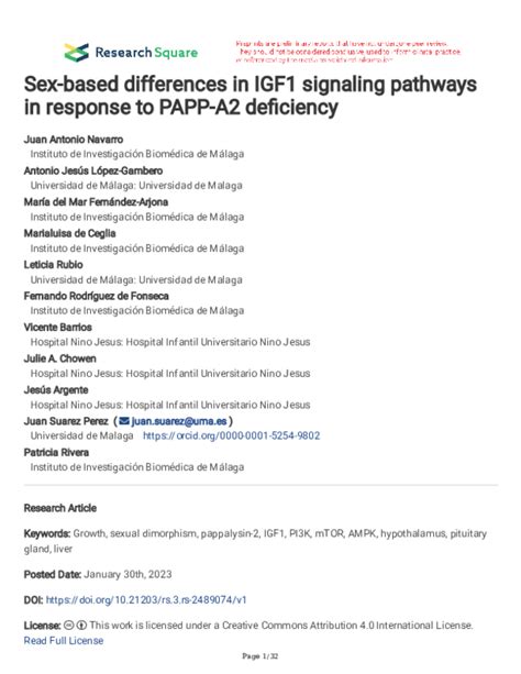 Pdf Sex Based Differences In Igf1 Signaling Pathways In Response To Papp A2 Deficiency