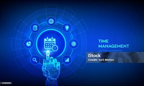 시간 관리 개념 계획 조직 근무 시간 가상 화면에서 프로젝트 관리 효율성 성공적인 전략 개념 디지털 인터페이스를 만지는 로봇 손 벡터 그림입니다 경영자에 대한 스톡 벡터