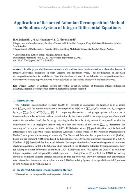 Pdf Application Of Restarted Adomian Decomposition Method On