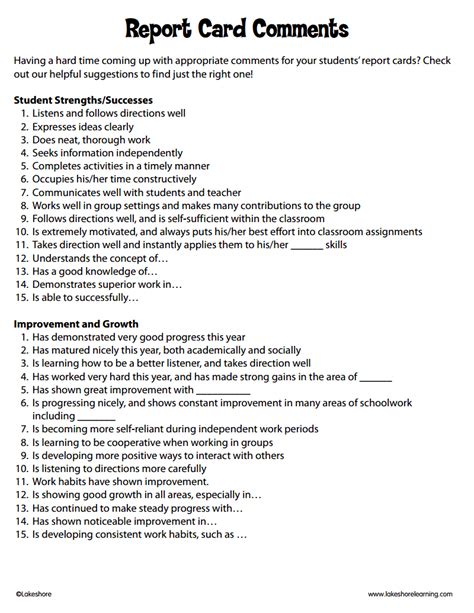 Report Card Math Comment Bank Preschool