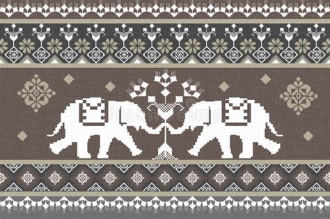 Pixel Art Traditional Thai Elephant Ethnic Geometric Abstract Textile