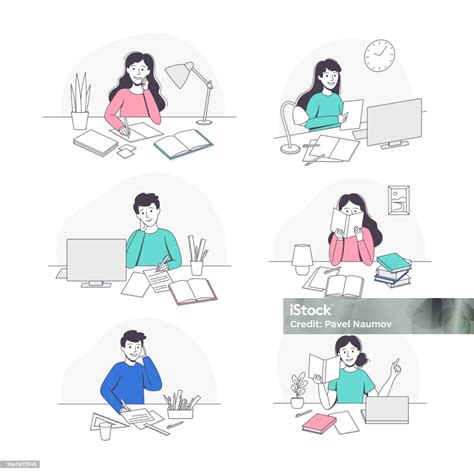 책과 컴퓨터 벡터 세트로 공부 하는 책상에 앉아 숙제를 하는 십 대 소년과 소녀 사람들에 대한 스톡 벡터 아트 및 기타 이미지 사람들 일러스트레이션 노트북 Istock