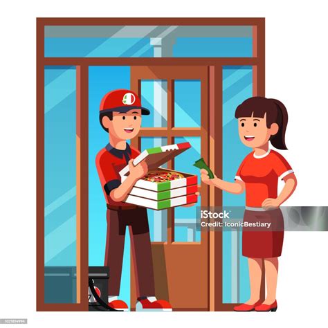 택배 보 맛 있는 테이크 아웃 피자 집 앞에 골 판지 상자를 나눠 주고 여자 배달에 대 한 지불 돈입니다 피자 배달 서비스입니다 플랫 고립 된 벡터 가방에 대한 스톡 벡터