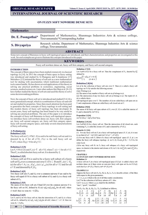 Pdf Original Research Paper On Fuzzy Soft Nowhere Dense Sets Corresponding Author