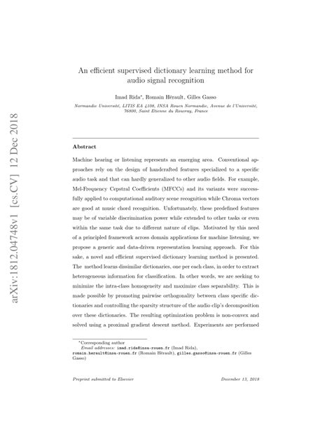 Pdf An Efficient Supervised Dictionary Learning Method For Audio