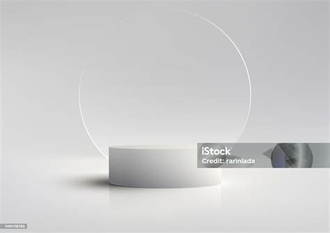 흰색과 회색 배경에 투명한 유리 원형 배경이 있는 3d 현실적인 현대 럭셔리 스타일의 흰색 연단 플랫폼 비어 있음에 대한 스톡 벡터 아트 및 기타 이미지 Istock
