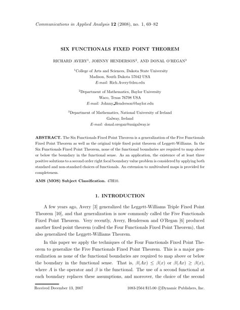 Pdf Six Functionals Fixed Point Theorem
