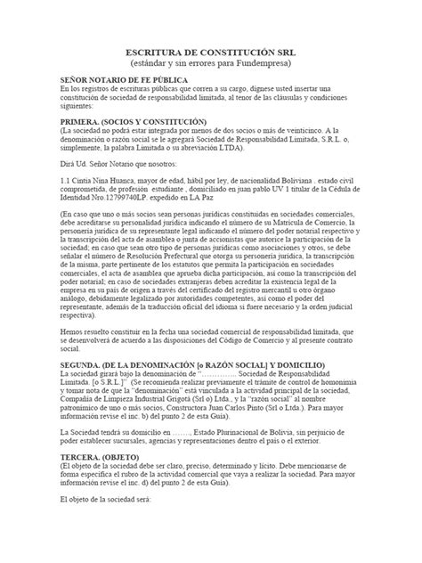 Escritura De Constitución Srl Pdf Sociedad De Responsabilidad