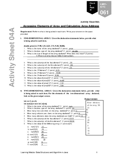 Accessing Elements Of Array Write Your Answ Ers On The Space Provided I One Dimensional