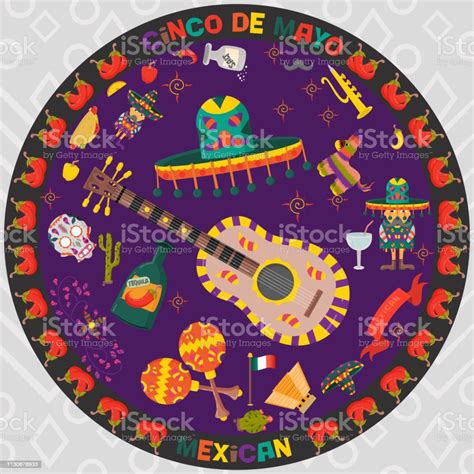 평면 스타일의 Cinco 드 마요 축 하의 원형 Ornament7on 멕시코 테마에서 벡터 디자인 0명에 대한 스톡 벡터 아트