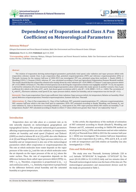 Pdf The Dependency Of Evaporation And Class A Pan Coefficient On Meteorological Parameters