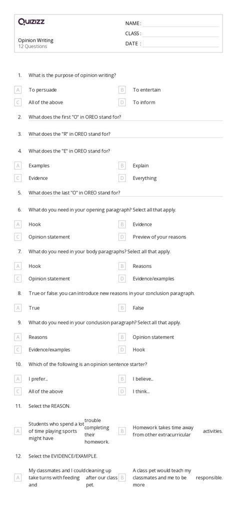 Opinion Writing Worksheets For Th Grade On Quizizz Free Printable