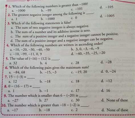Integers Mathematics Assignment Teachmint