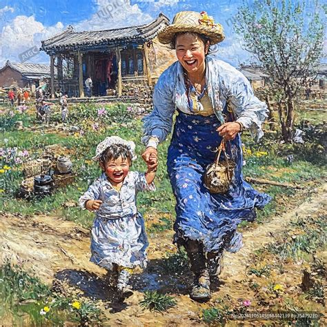 Ai创作图朝鲜民俗画 朝鲜族水彩 欢乐题材油画 秧歌题材油画 农妇与儿童 人物劳作场景画 朝鲜族农业劳动场景 朝鲜族生产劳动场景 朝鲜族生活场景 背娃干活的母亲 牵小孩妇女 农妇劳动微场景