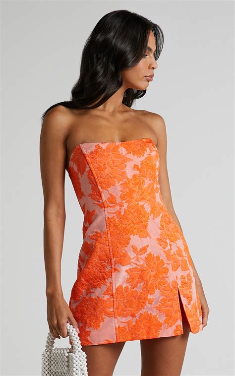 Brailey Strapless Mini Dress In Orange Jacquard Showpo Usa