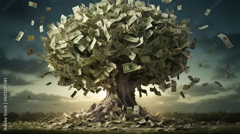 Money Tree Concept With Dollar Bills Flying Off The Tree Generative Ai Stock Illustration