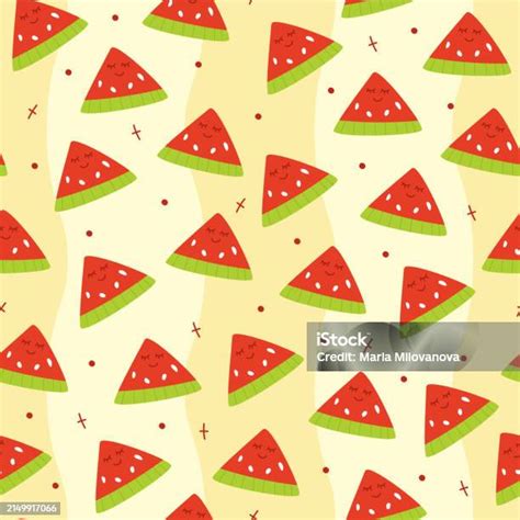 노란색 배경에 귀여운 눈을 가진 손 그리기 수박 과일의 완벽 한 패턴 여름 녹색 빨간색 분홍색 과일 배경 벡터 일러스트 레이 션