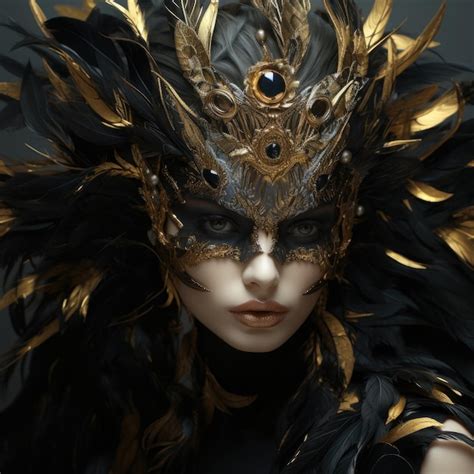Premium Ai Image A Woman Wearing A Black And Gold Feathered Mask