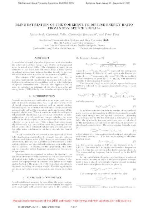 Pdf Blind Estimation Of The Coherent To Diffuse Energy Ratio From