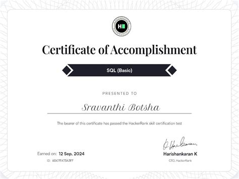 Completed Sql Course On Hackerrank Sravanthi Botsha Posted On The