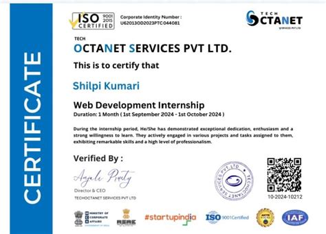 Internship Grateful Octanet Topperformer Careergrowth Professional Thankful Shilpi Kumari